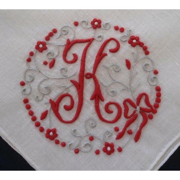 Kitchen | Vintage Madeira Wedding Hanky Monogram K Red Bows Swirls ...